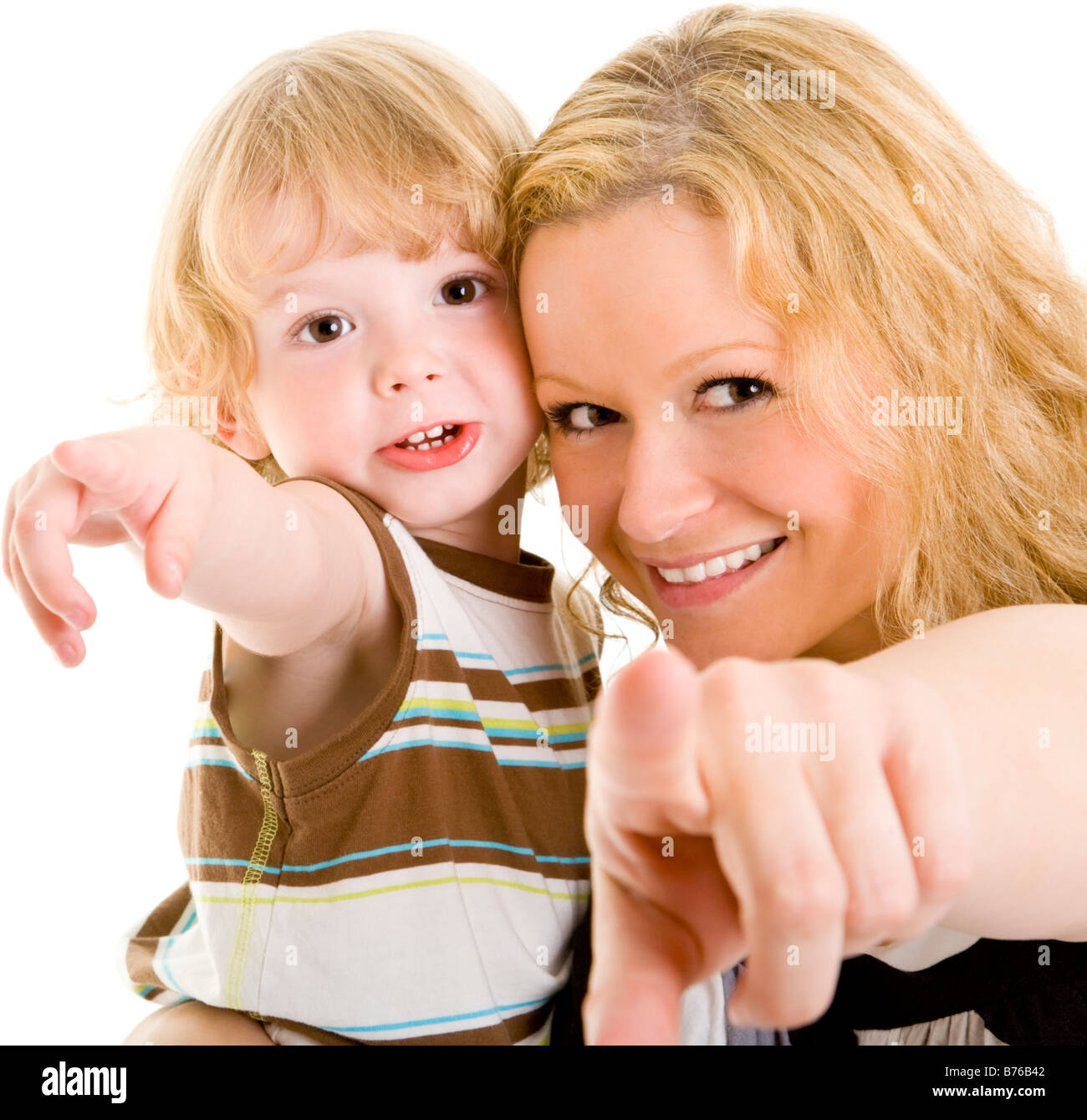 three year old boy and his mother pointing to the camera Stock Photo ...
