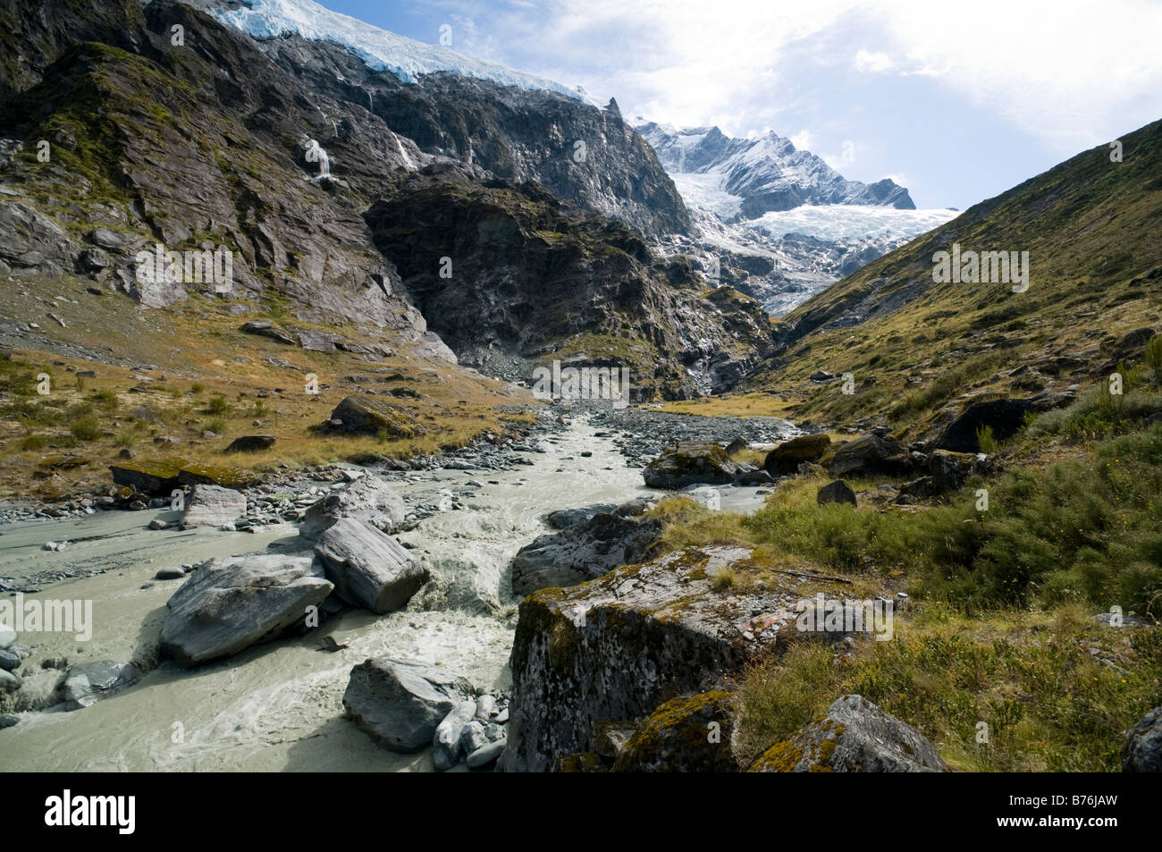 The Rob Roy glacier stream, Mount Aspiring National Park, South Island ...