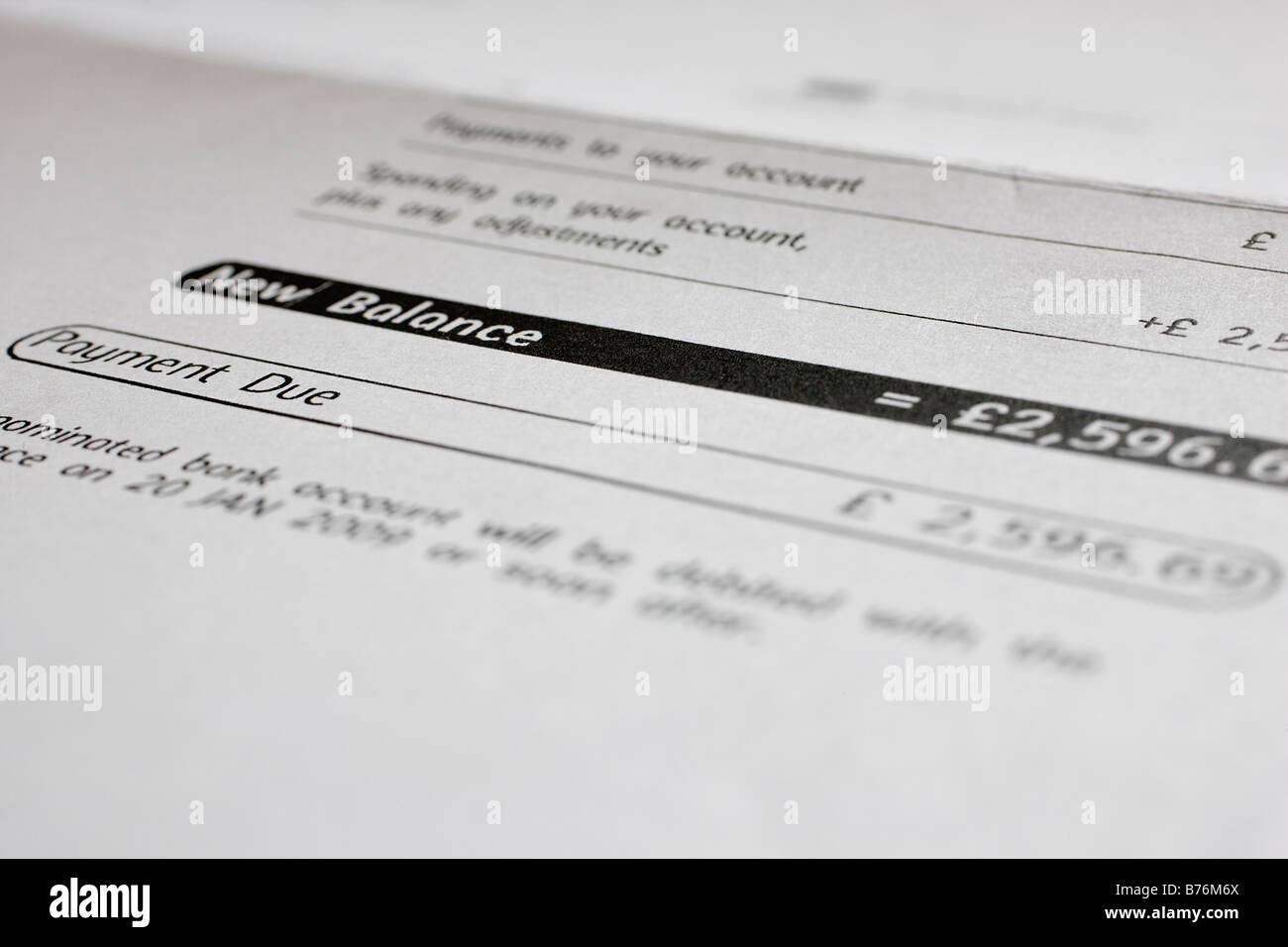 Printed credit card statement showing New Balance and Payment Due Stock ...