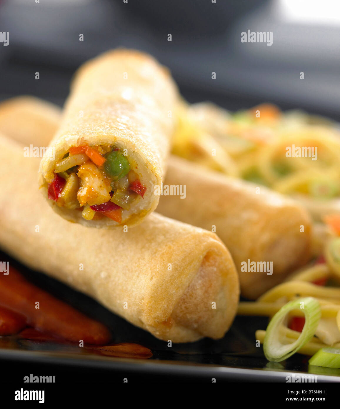 chicken and vegetable spring roll and noodles Stock Photo - Alamy