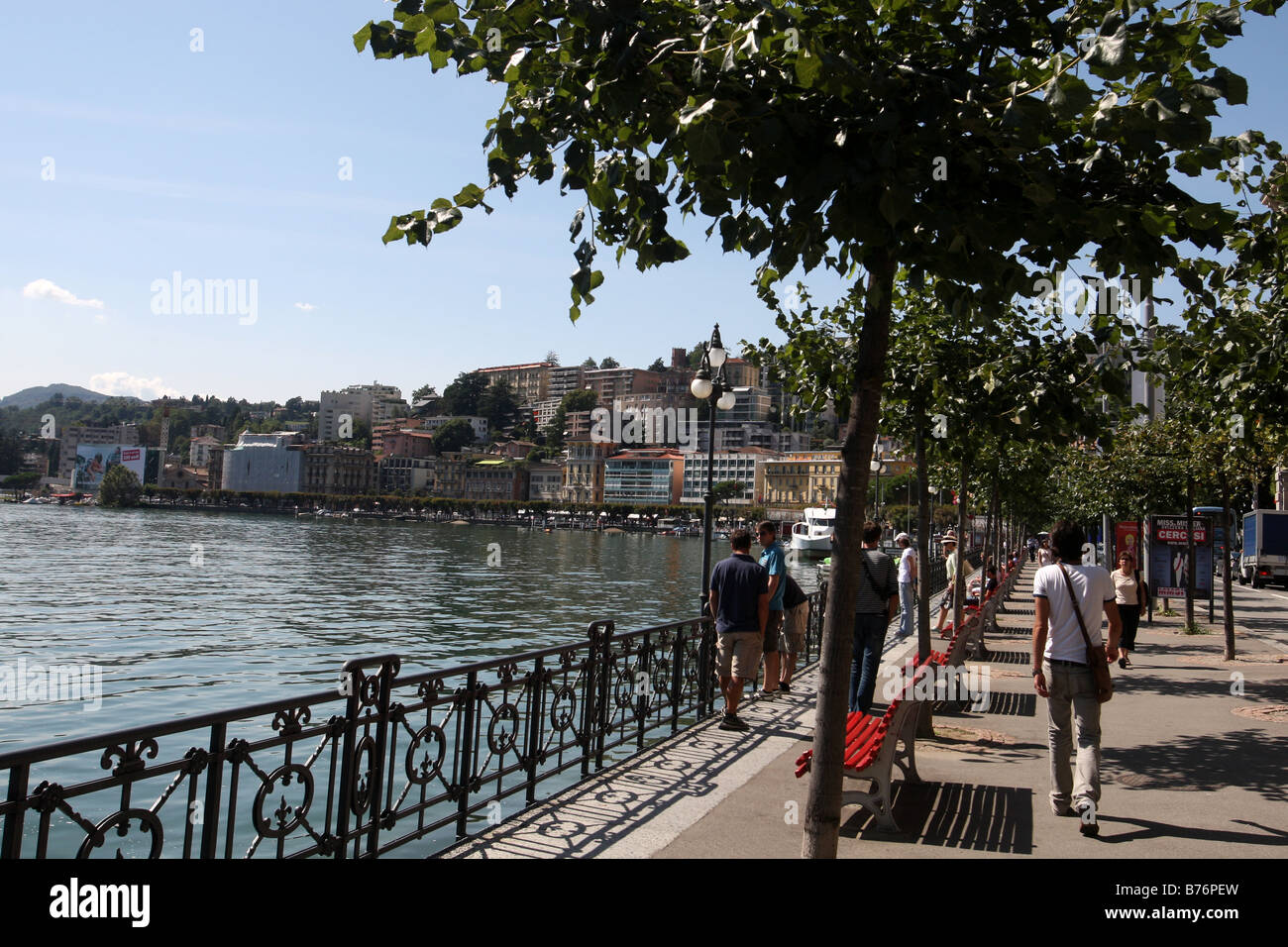 Lakeside promenade in the town of Lugano on the shores of Lake Lugano ...