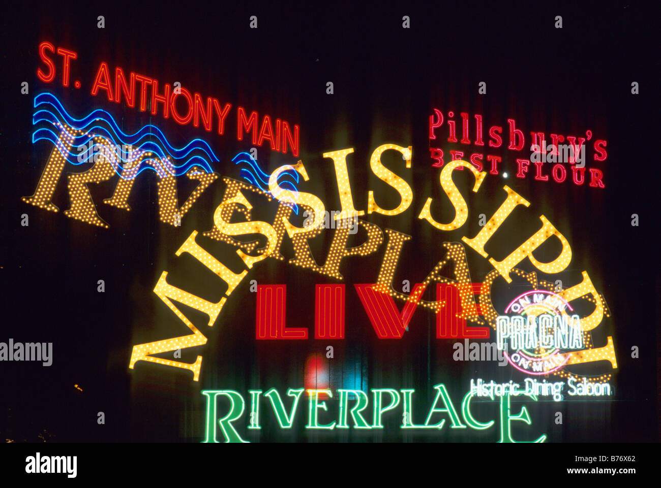 NEON SIGNS IN THE RIVERPLACE COMPLEX, ST. ANTHONY MAIN NEIGHBORHOOD OF ...