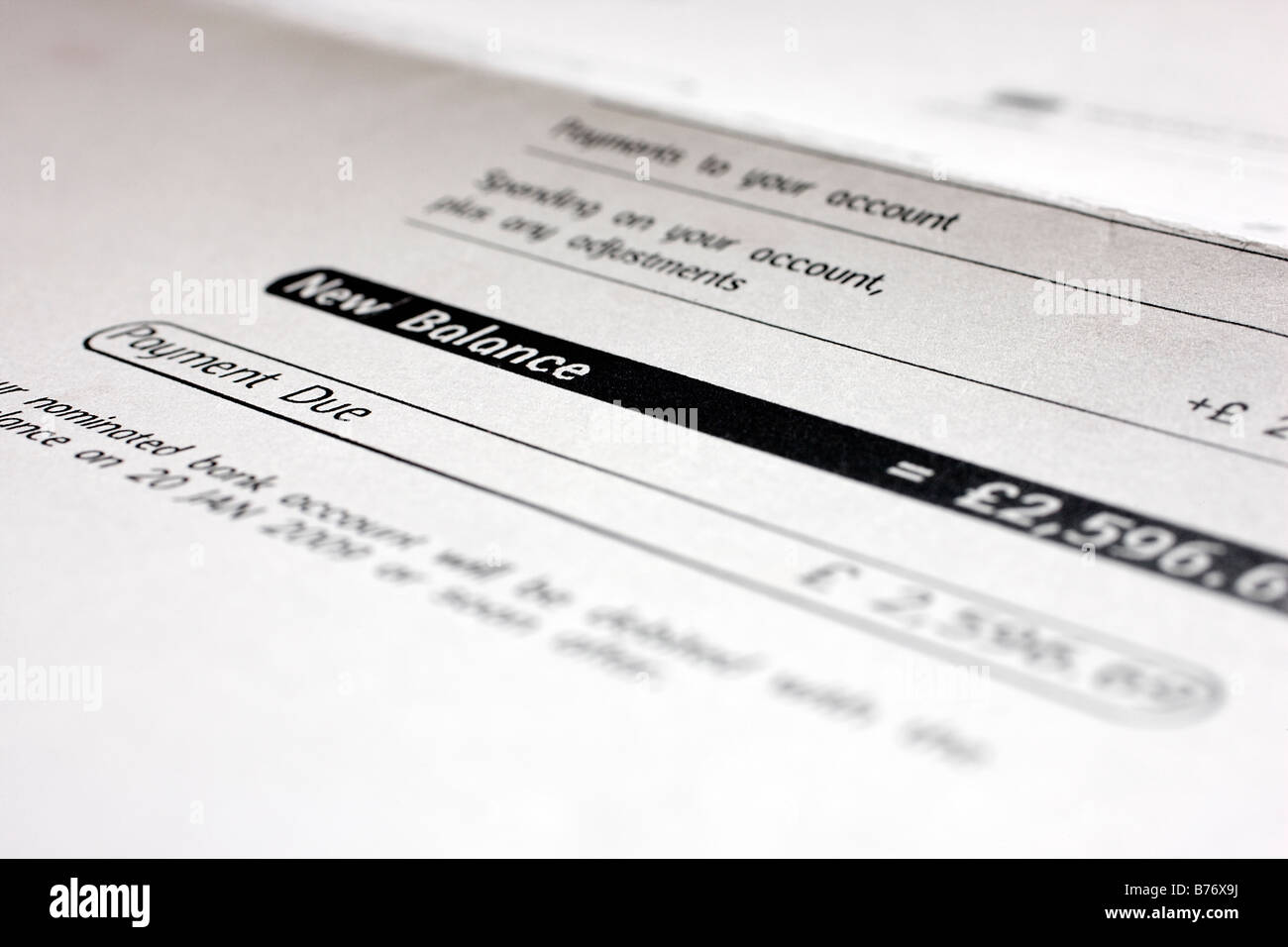 Printed credit card statement showing New Balance and Payment Due Stock ...