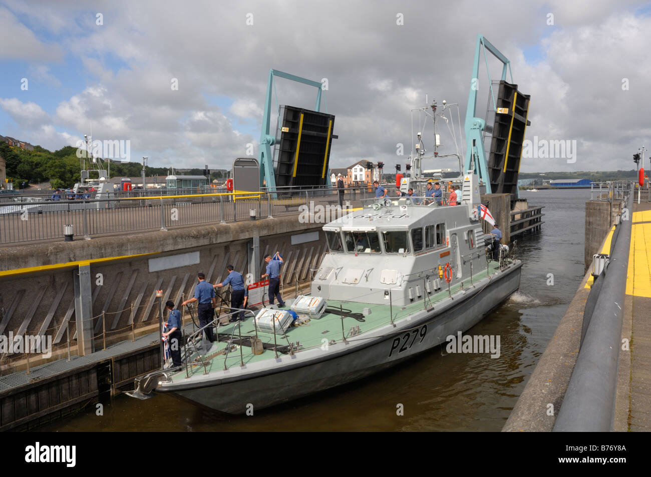 Navy ship in tidal lock, Cardiff Bay Barrage, Cardiff, Wales, UK Stock ...