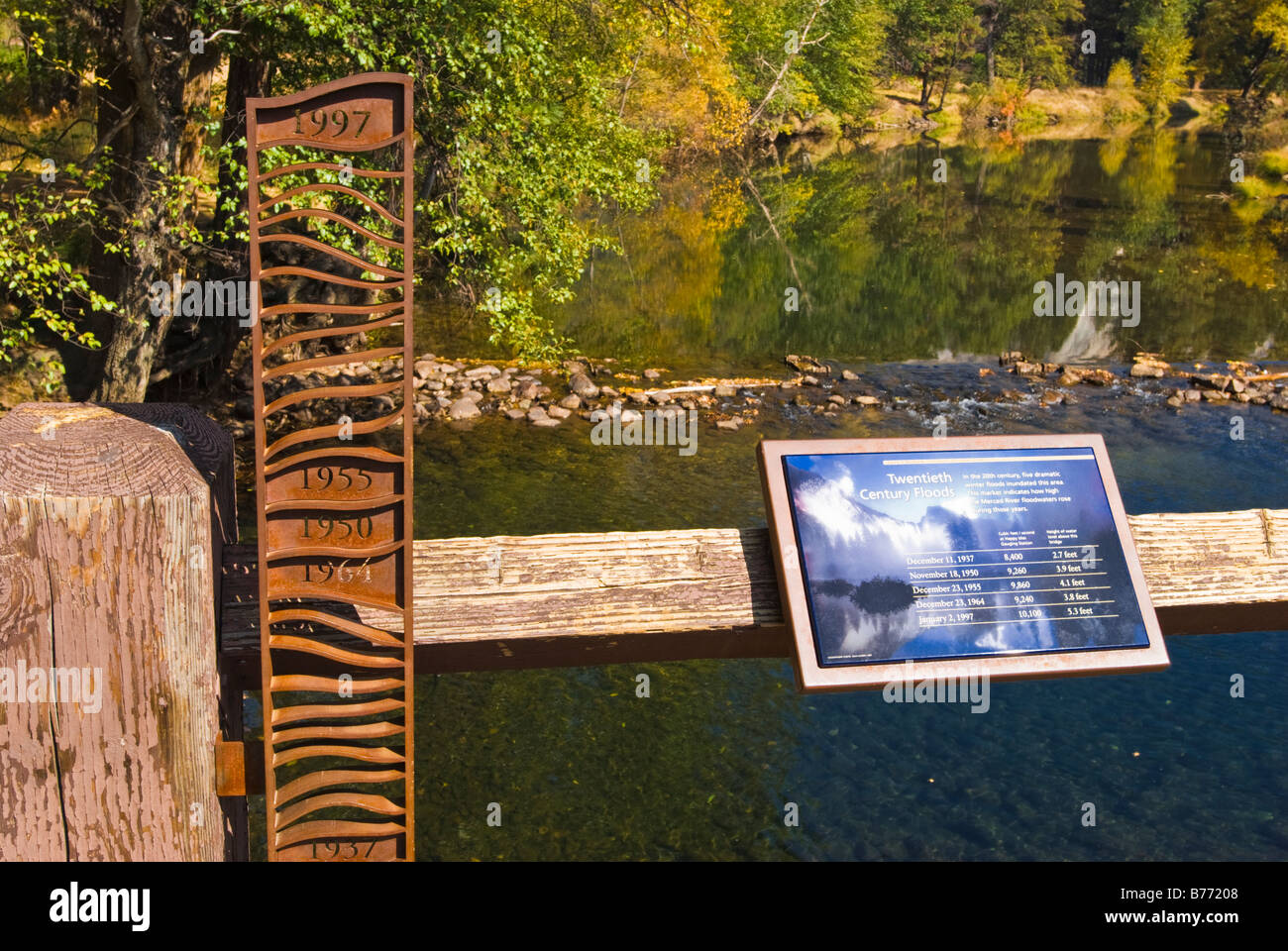 Flood level chart and gauge at the Merced River Yosemite National Park ...