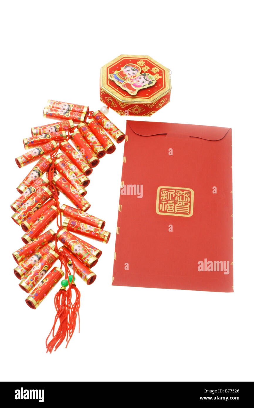 Chinese new year red packet and fire crackers ornament on white ...