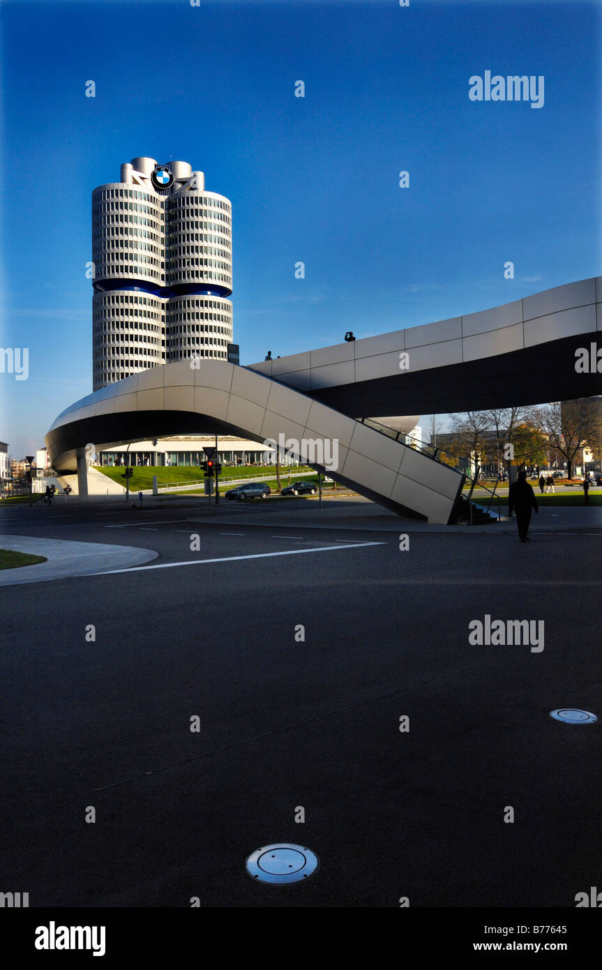 BMW Headquarters, cylindric building, with bridge to the BMW World, BMW ...