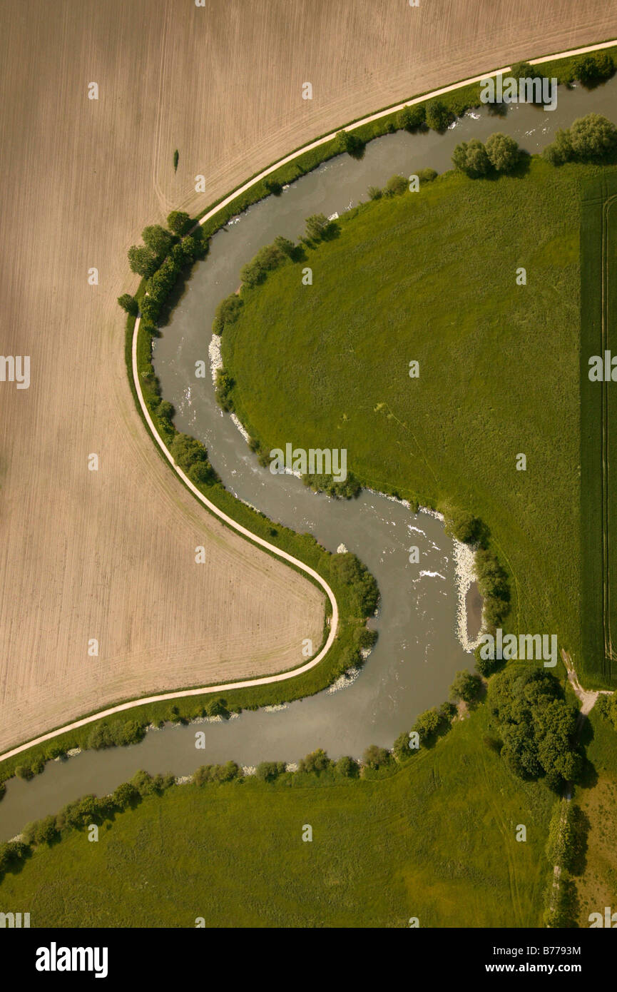Aerial view, meandering River Lippe, embankment, field, meadow, Hamm ...