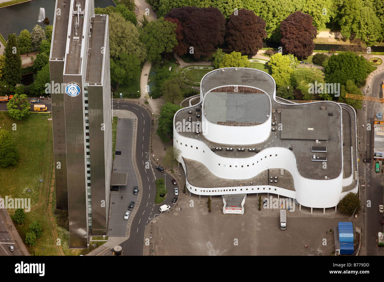 Aerial photo, Thyssen tower block, office building, Duesseldorf theatre ...