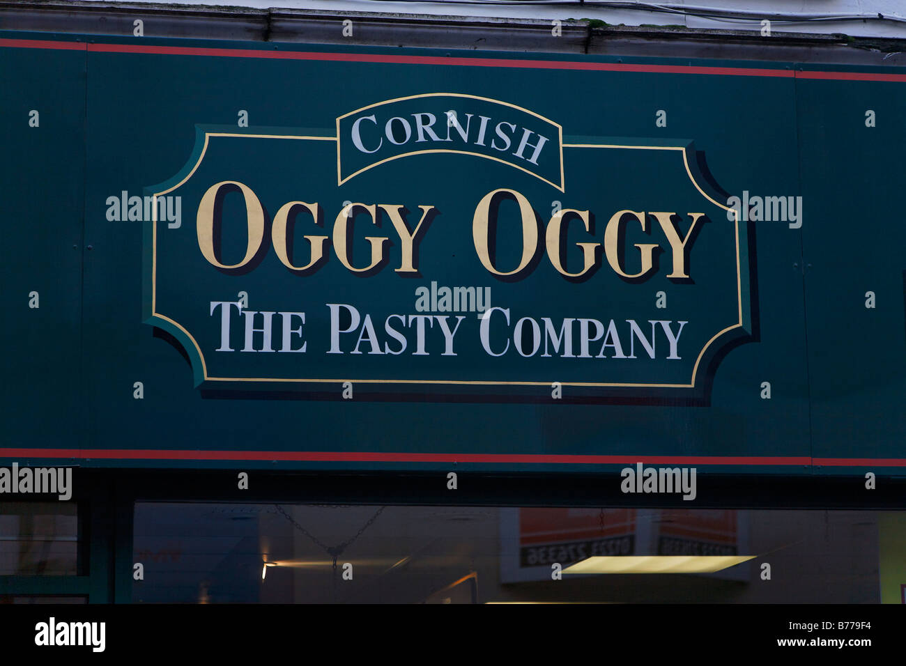 Oggy Oggy The Cornish Pasty Company shop sign Stock Photo - Alamy