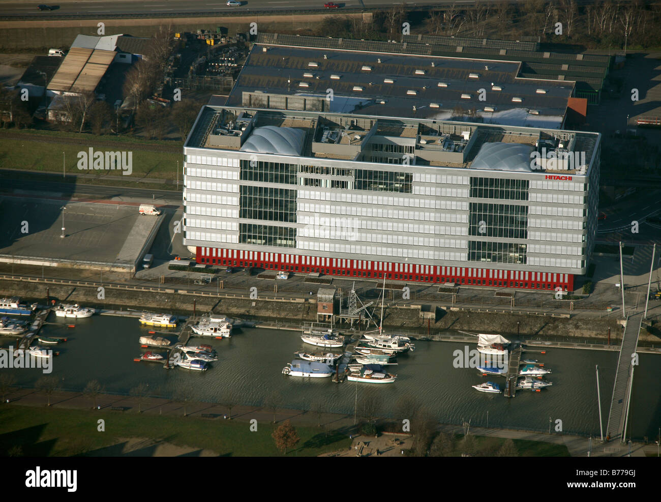 Aerial photo, wharf, inland port, timber harbour, service and office ...