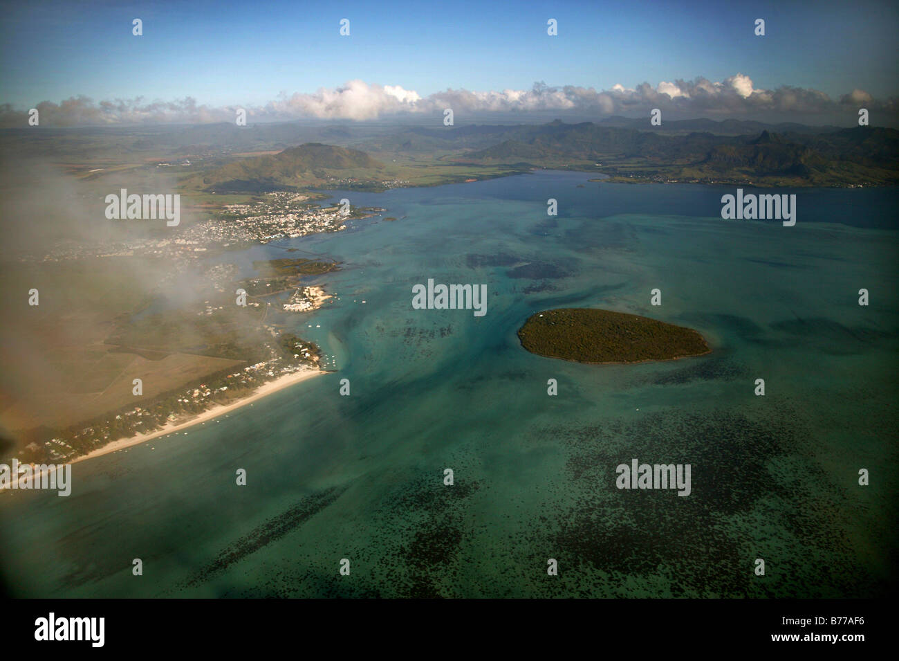 Aerial view, beach, turquoise water, coral island, mountains, Tamarin ...