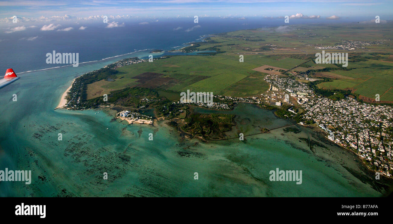 Aerial view, turquoise water, holiday resort, Tamarin Bay, Mauritius ...