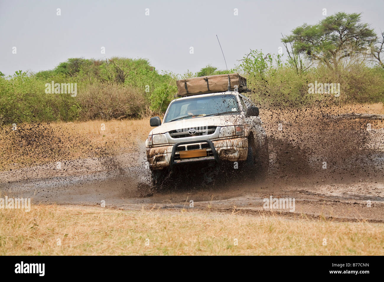 Four-wheel drive car driving through mud and water, Moremi National ...