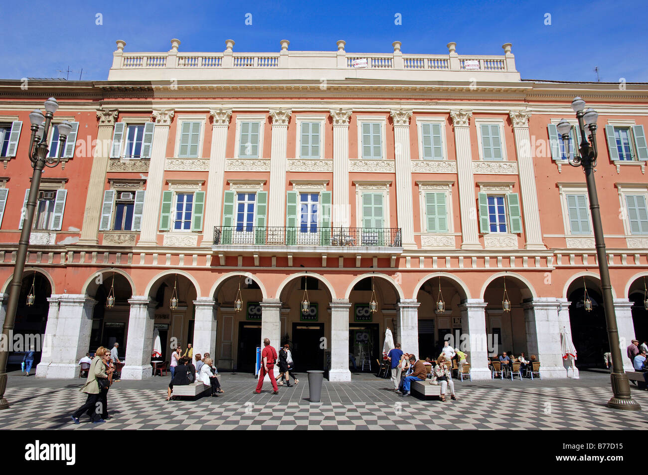 Building with shops and restaurants, arcades, Place Massena, Nice ...