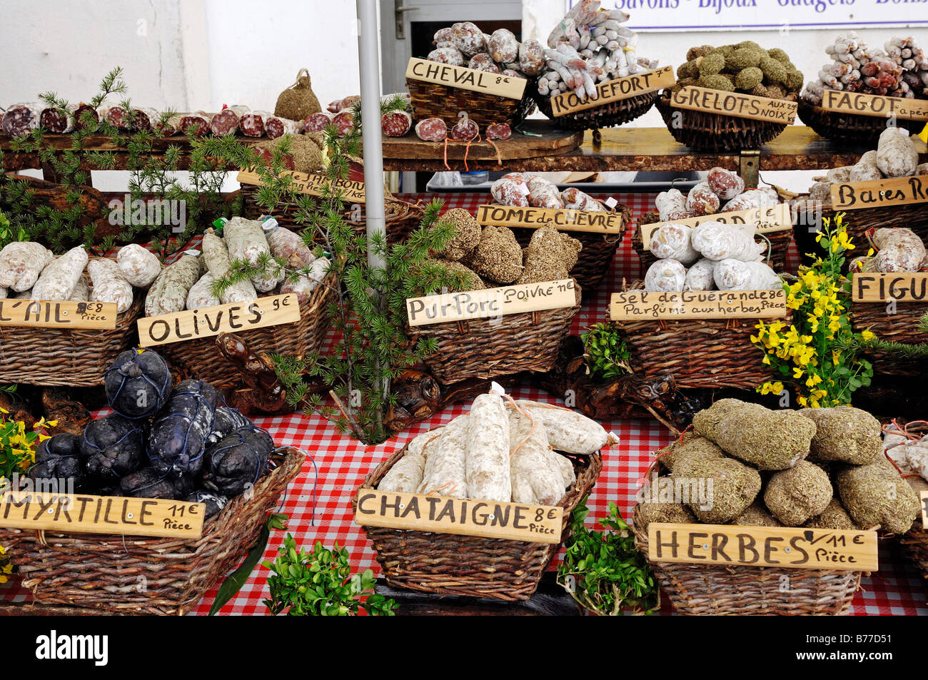 Market stall with different kinds of sausage, Provence, Southern France ...