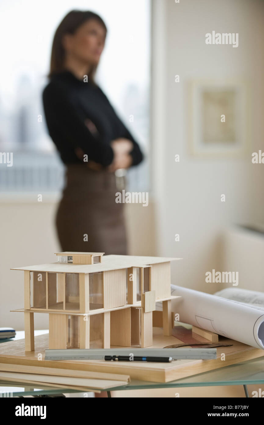 Building model and blueprints architect background Stock Photo - Alamy