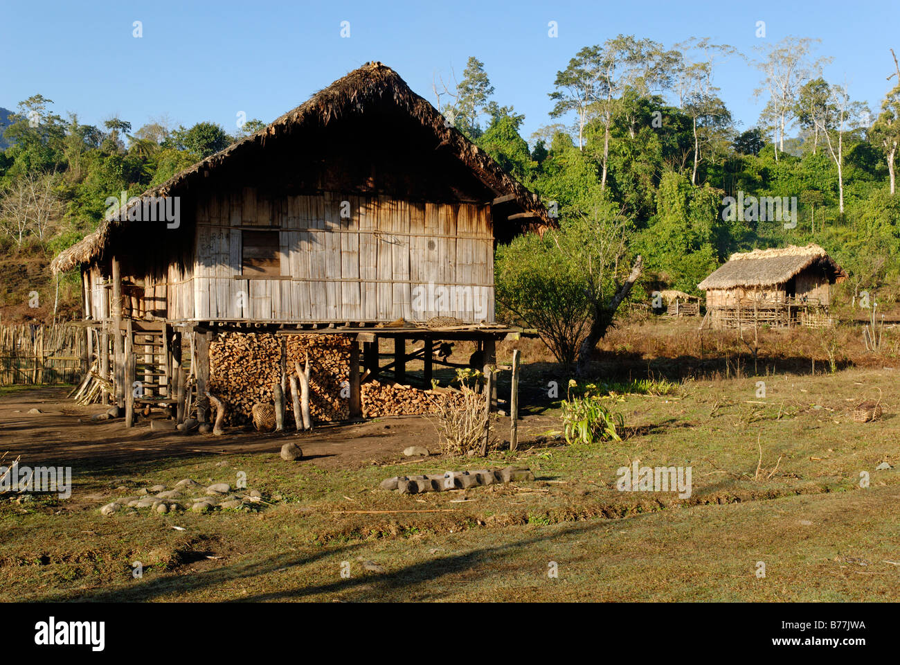 Bamboo hut, farm of the Rawang ethnic minority in the North of Myanmar ...