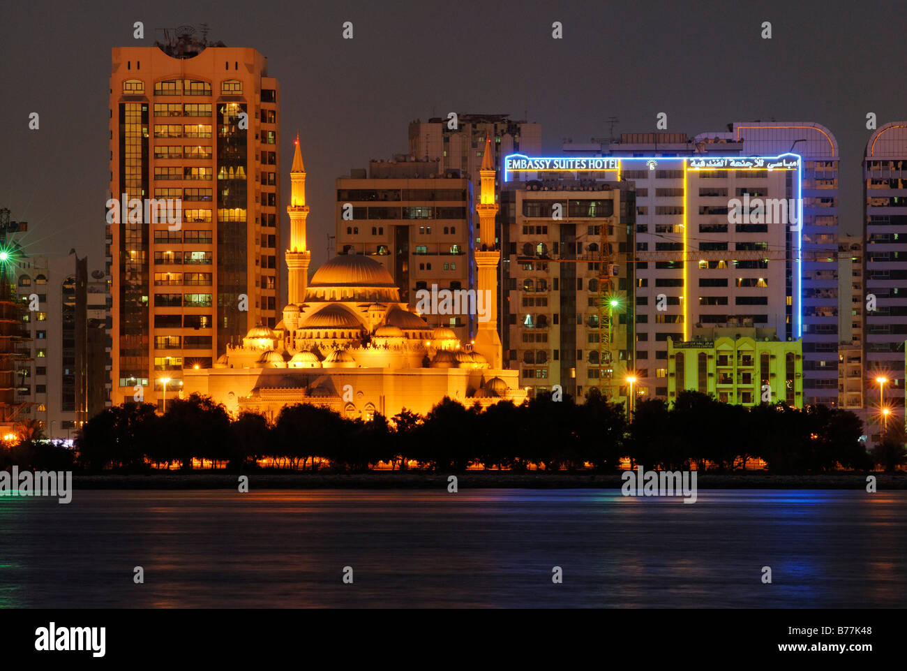 Skyline and corniche of Sharjah City, Emirate of Sharjah, United Arab ...
