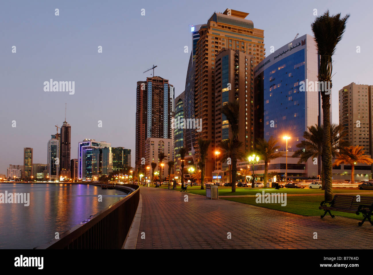 Skyline and corniche of Sharjah City, Emirate of Sharjah, United Arab ...