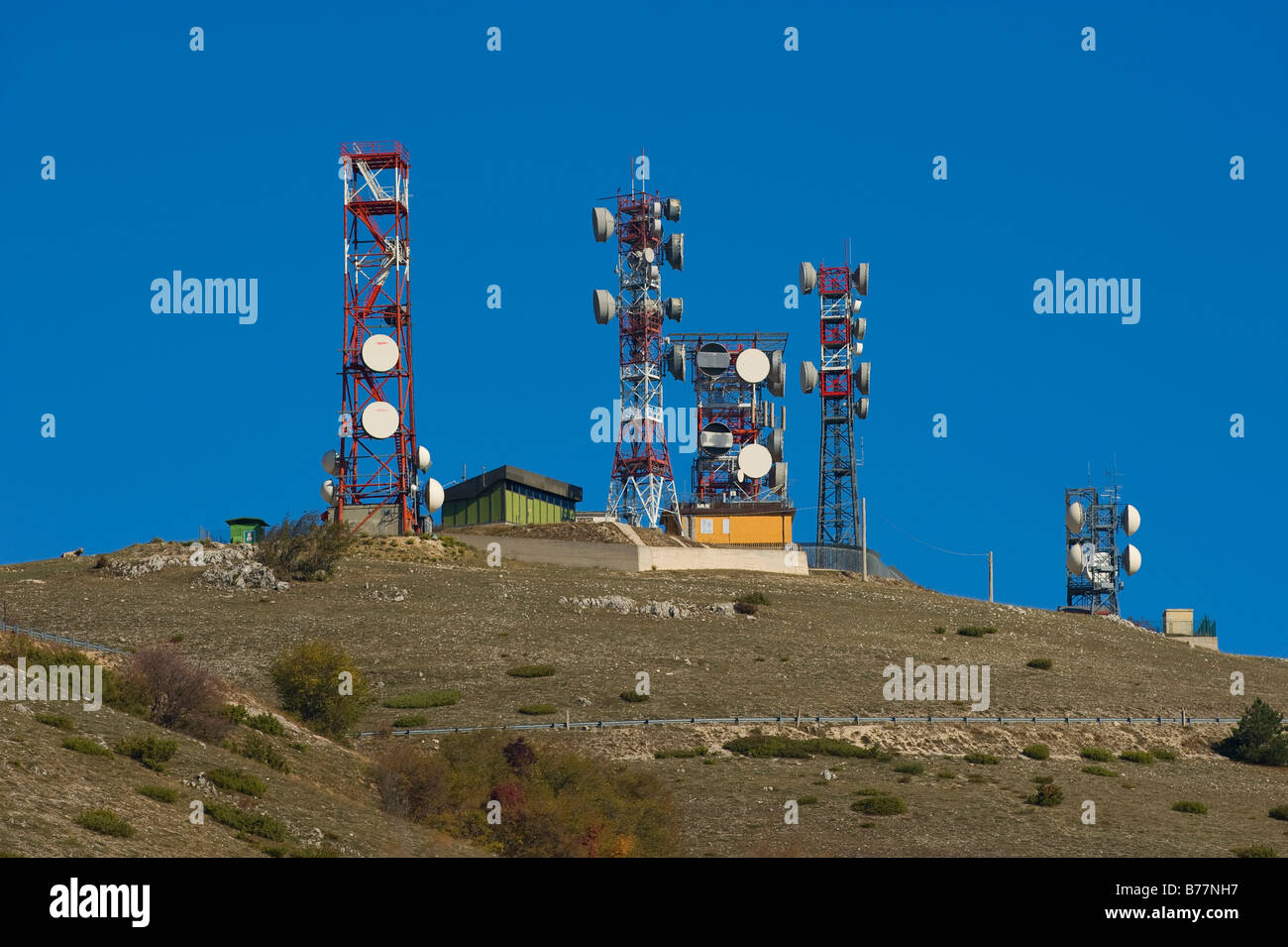 Radio antennas and mobile telephone transmitters, Monte Calvo, Abruzzo, Abruzzi, Italy, Europe ...
