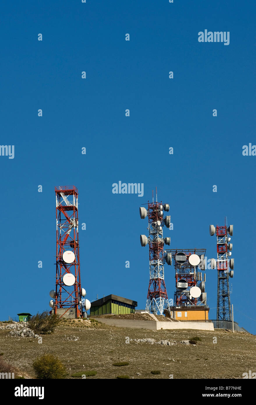 Radio antennas and mobile telephone transmitters, Monte Calvo, Abruzzo, Abruzzi, Italy, Europe ...