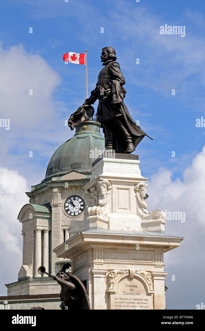 Monument to Samuel de Champlain, founder of the city of Quebec, behind ...