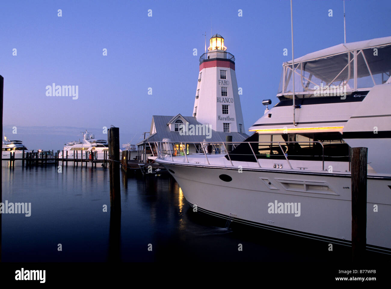 Dusk lighting lighthouse at Faro Blanco marina Marathon Florida Keys ...