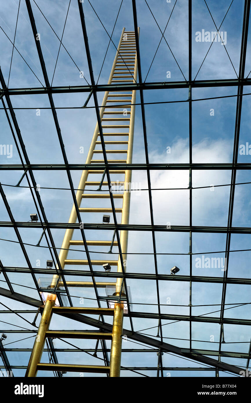Golden ladder soaring into the sky, through glass roof, artistic ...