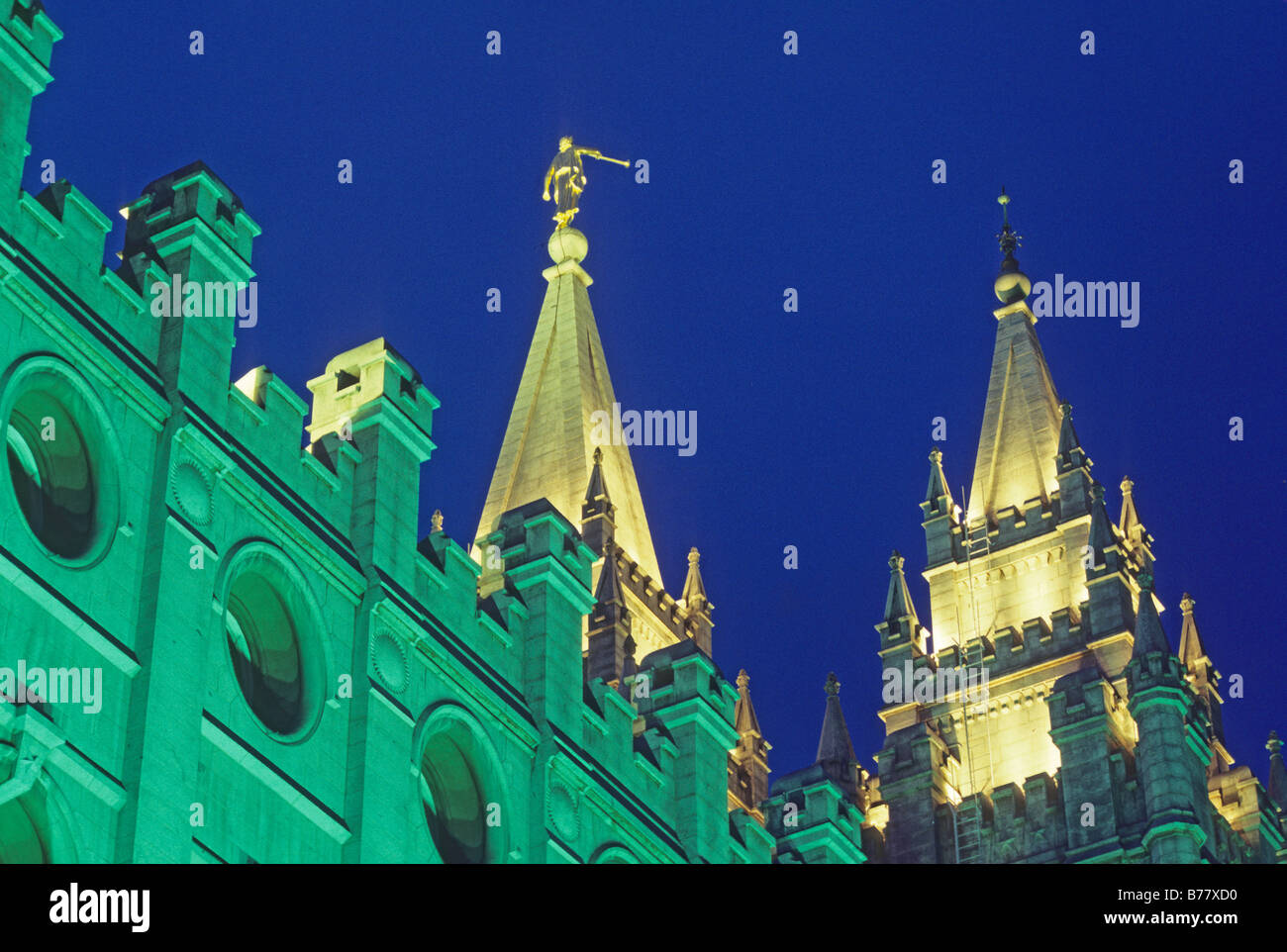 Mormon Temple steeple Maroni statue night Salt Lake City Utah Stock ...