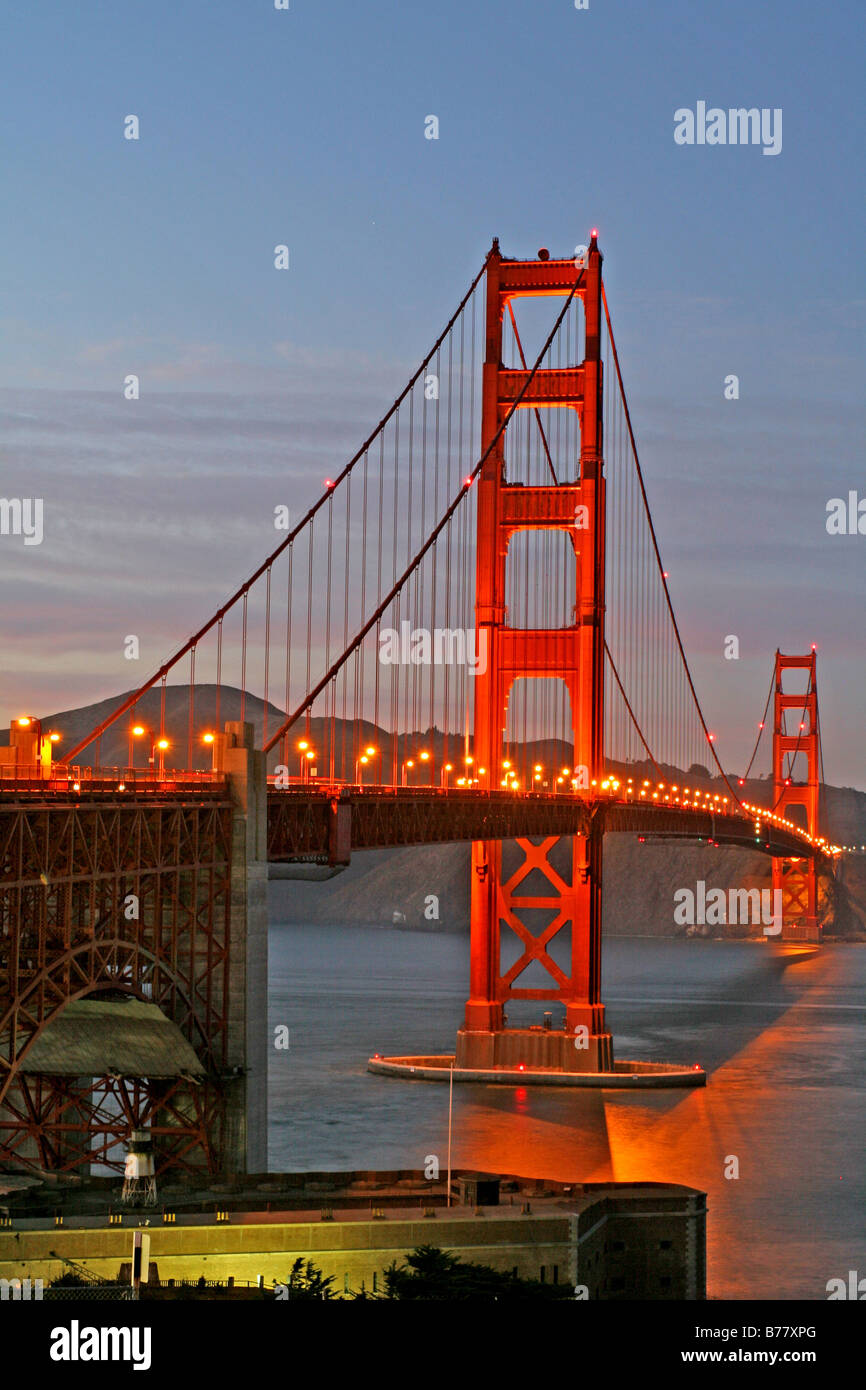 Golden Gate Bridge span at night looking north to Marin County San ...