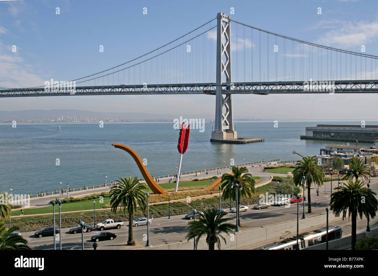 Overview of Embarcadero waterfront with Bay Bridge in background San ...