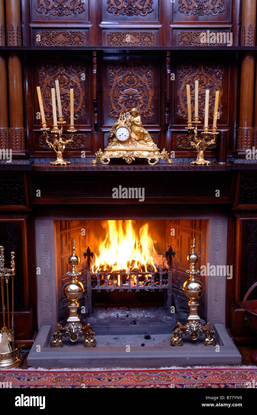 AN OPEN FIRE IN A COUNTRY HOUSE WITH AN ORIENTAL CARVED WOOD SURROUND ...
