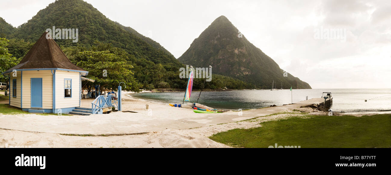 The beach at Jalousie Hotel St Lucia with one of the Pitons in the ...
