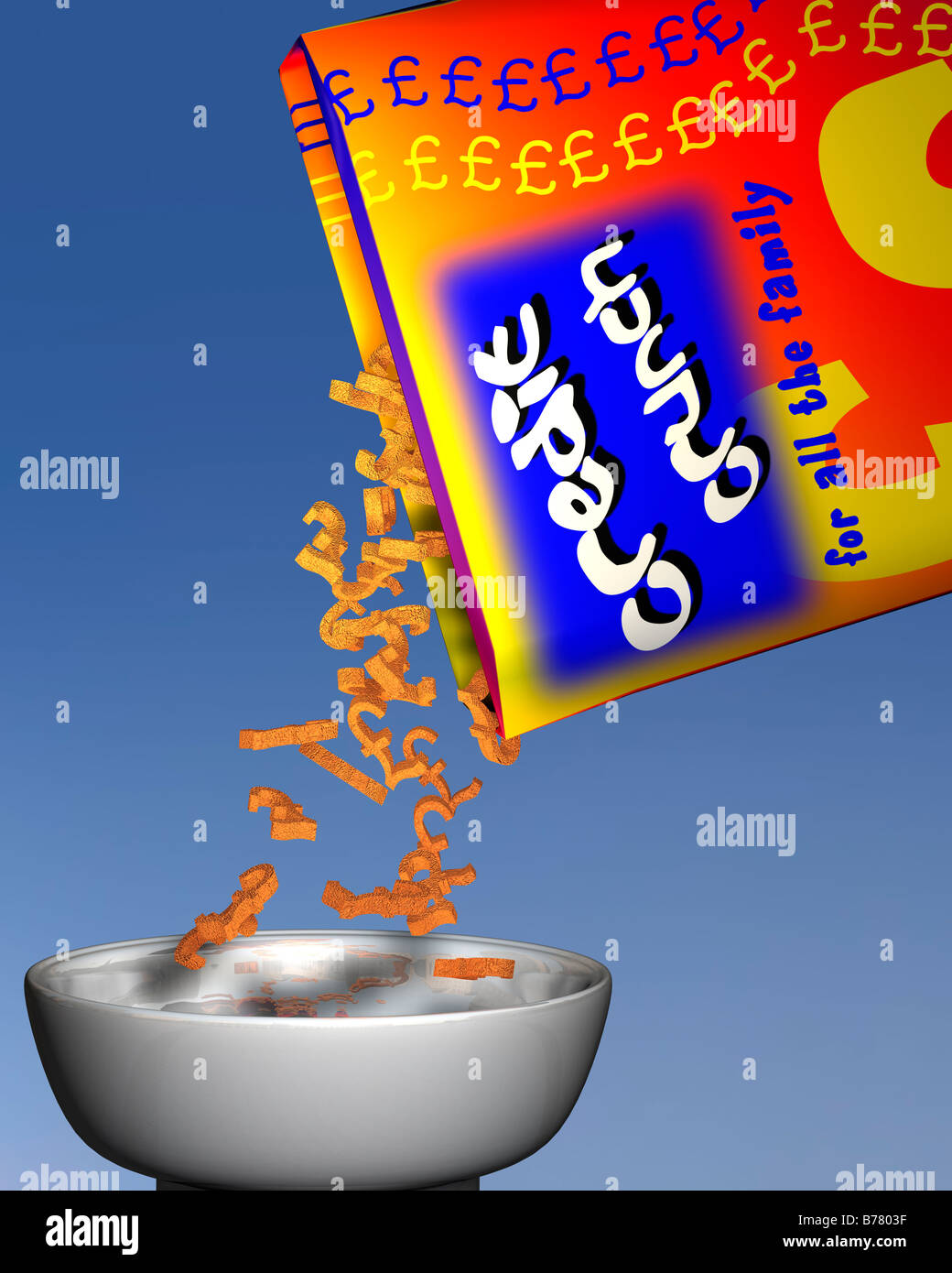 Pound cereal shapes being poured out from packet labelled credit crunch ...