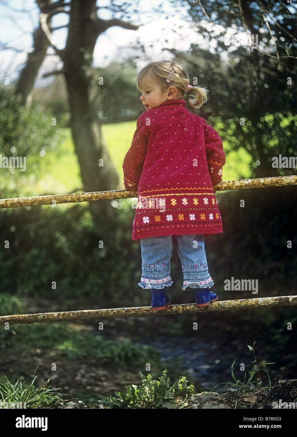 Toddler climbing on railing over a country bridge in spring in Cornwall ...