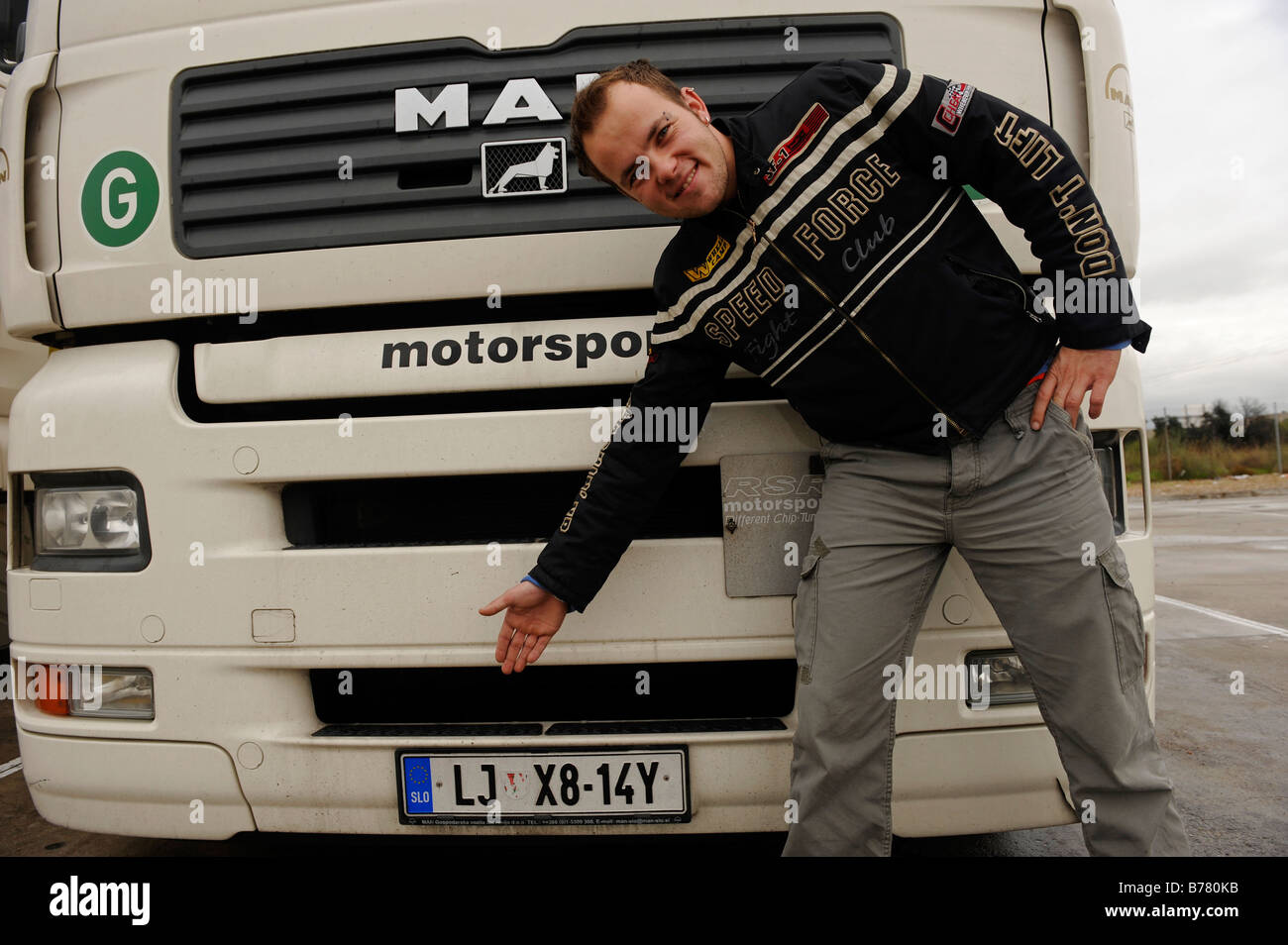 Truck driver Gregor Novak from Slovenia at a truckers parking lot ...