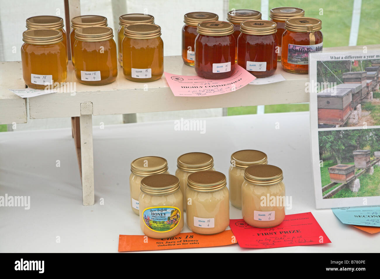 Prize winning jars of honey on display Suffolk Smallholders annual show ...