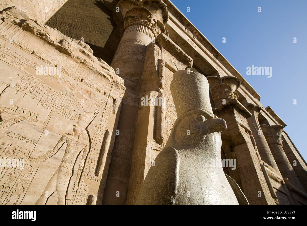 Close up of the statue of Horus of Behdet in the forecourt at the ...