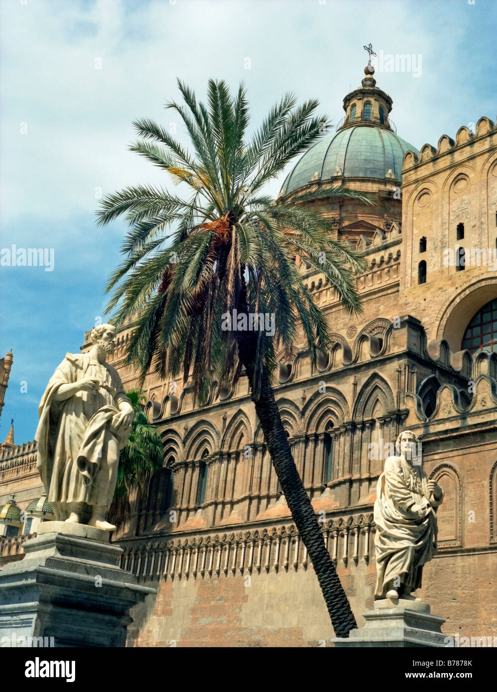 Statues and a palm tree in front of the Duomo di Palermo [Palermo ...