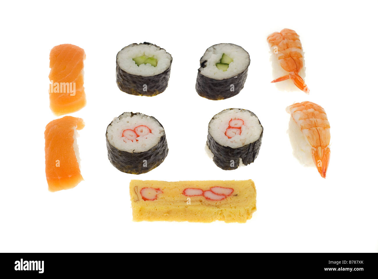 assortment of fresh sushi pieces isolated on a white background Stock ...