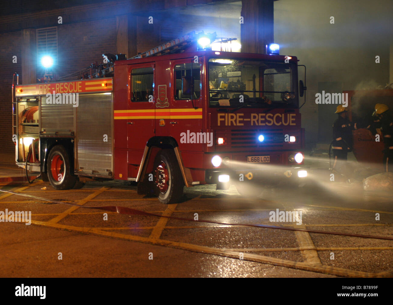 Dennis Fire Engine night shot Stock Photo - Alamy