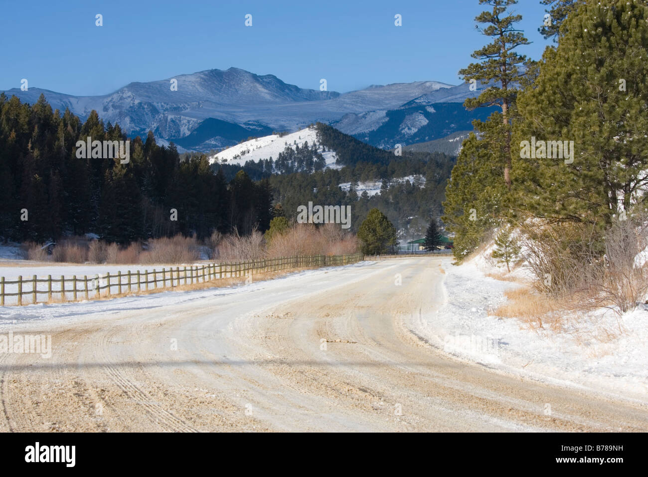 Ranch country at the base of 13000 foot snow capped Mount Evans ...
