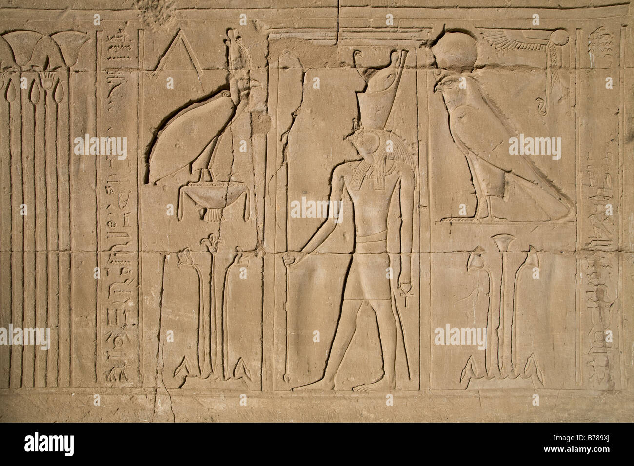 Close up of relief of Horus of Behdet wearing the crowns of Upper and ...