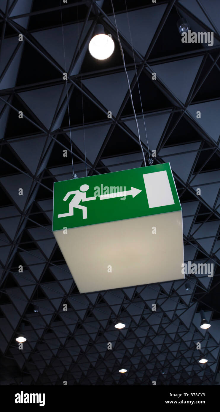 Emergency exit sign in the Frankfurt Airport, Frankfurt am Main, Hesse ...