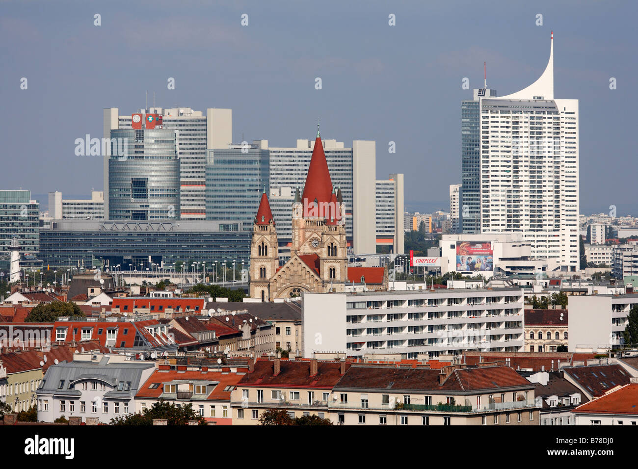 Francis-of-Assisi-Church and Donaustadt, Donau-City and Uno-City, seen ...