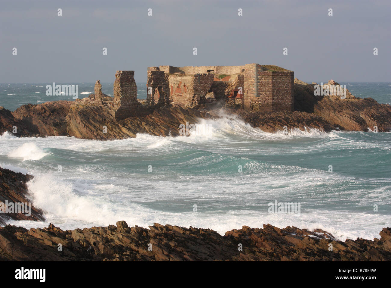 British Channel Islands. Alderney. Coastal ruin of Victorian Fort Les ...