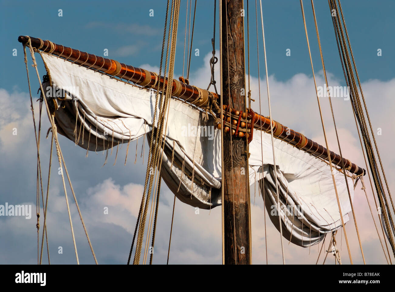 Reaped square sail of a Cog ship, one mast, Kiel, Schleswig-Holstein ...