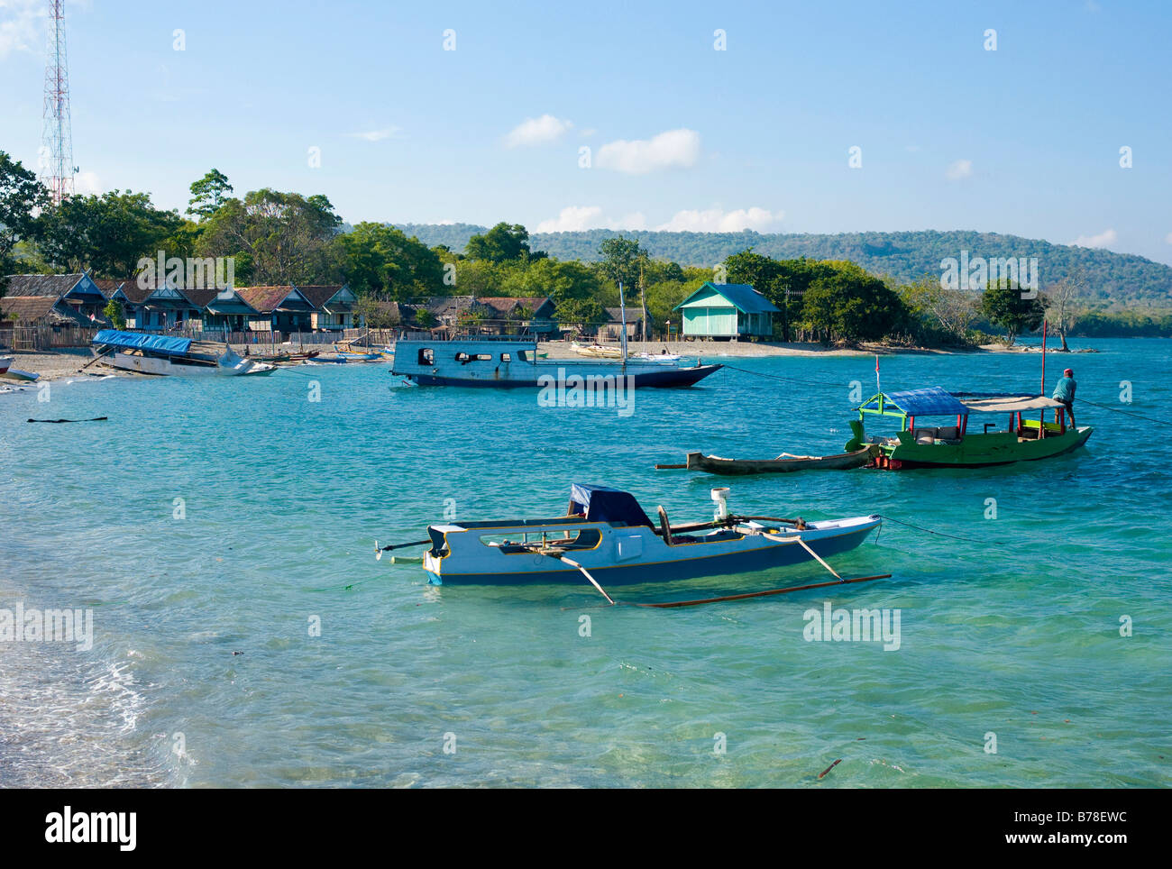 Boats in a fishing village, small Sunda islands, Indonesia, South Asia ...