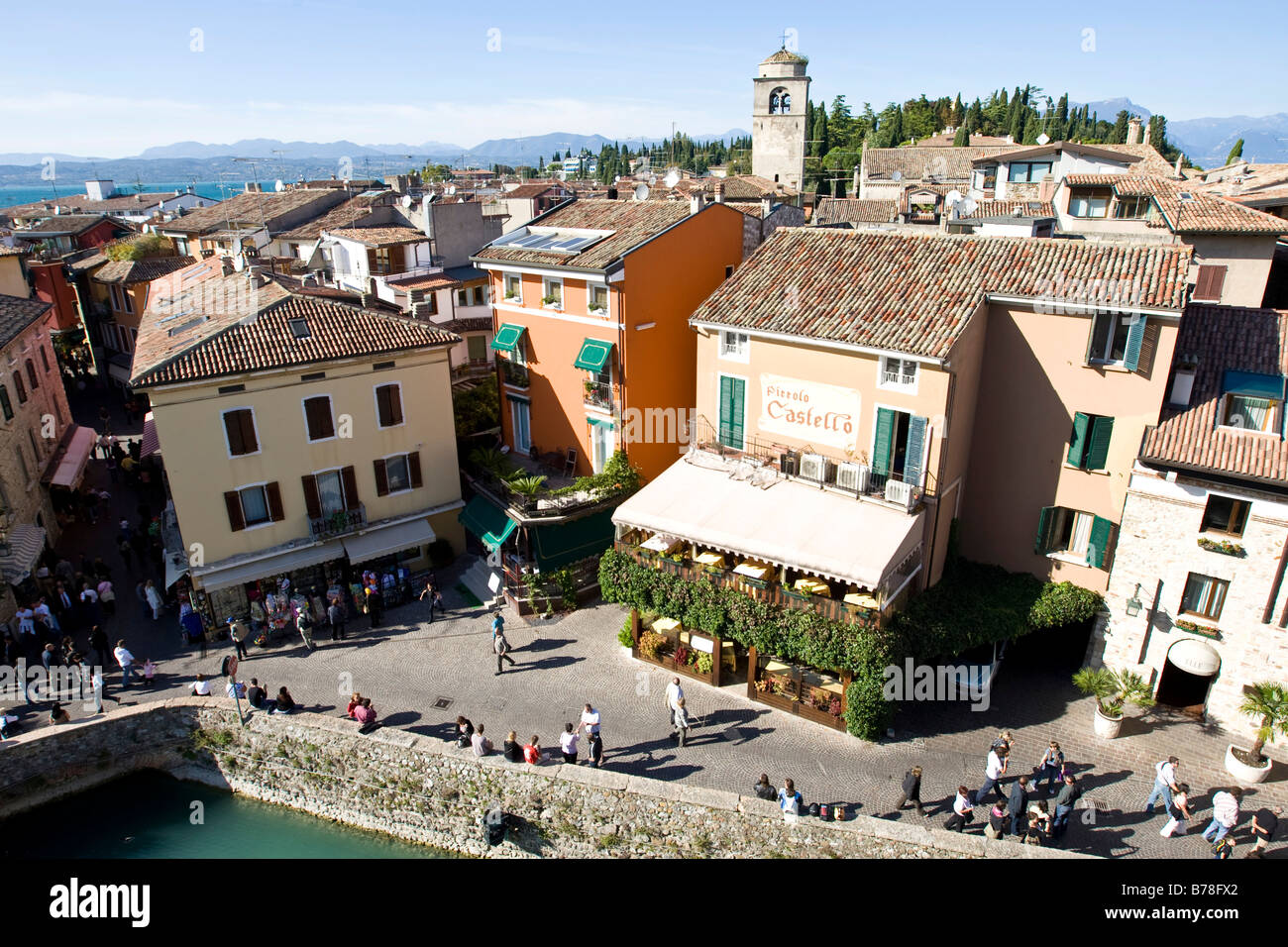 Panoramic view over the historic centre of Sirmione with the Santa ...